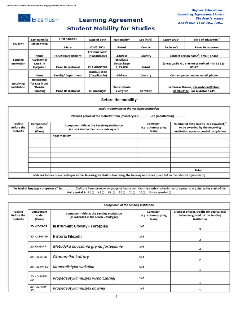 Learning-Agreement-for-Studies 1 | PDF | Academic Degree | Learning