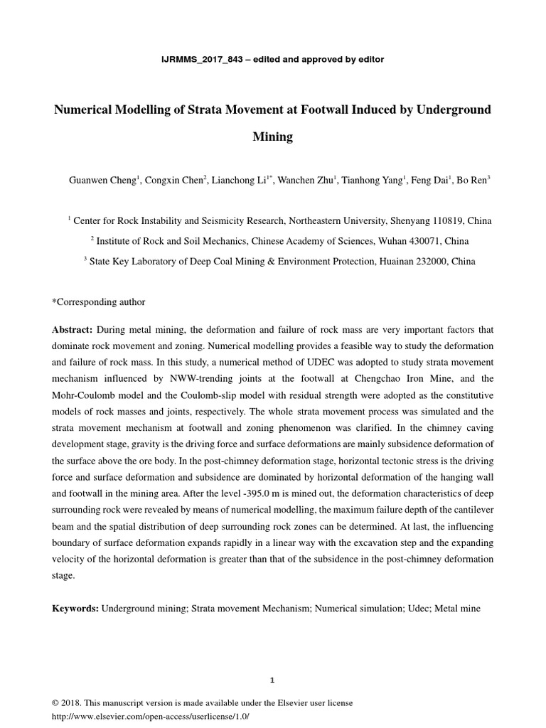 Numerical Modelling of Strata Movement at Footwall Induced by ...