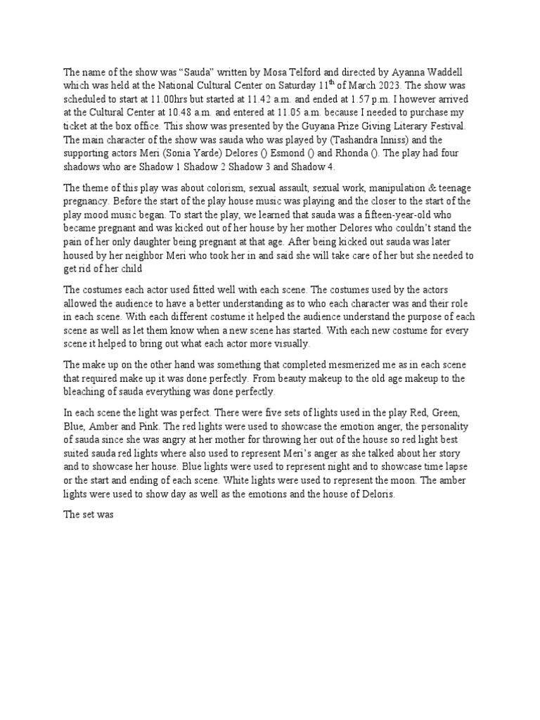 Theatre Arts SBA CRITIQUE by Kenisha McClintock | PDF