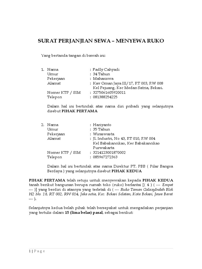 Perjanjian Sewa Menyewa Ruko | PDF