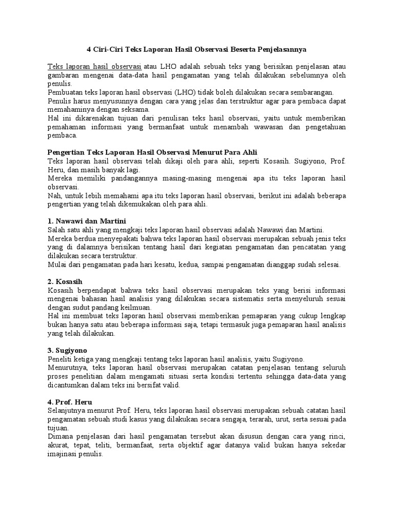 4 Ciri-Ciri Teks Laporan Hasil Observasi Beserta Penjelasannya | PDF