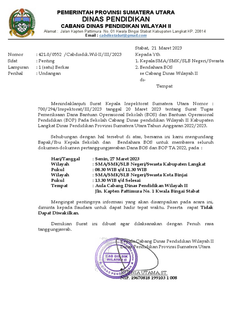 Undangan Pemeriksaan Dana Bos Dan Bop | PDF