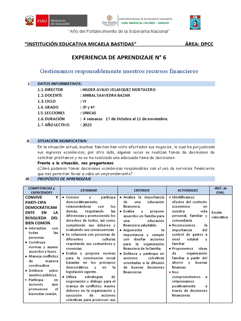 Planif. 3°4° EdA 6 DPCC | PDF | Aprendizaje | Democracia