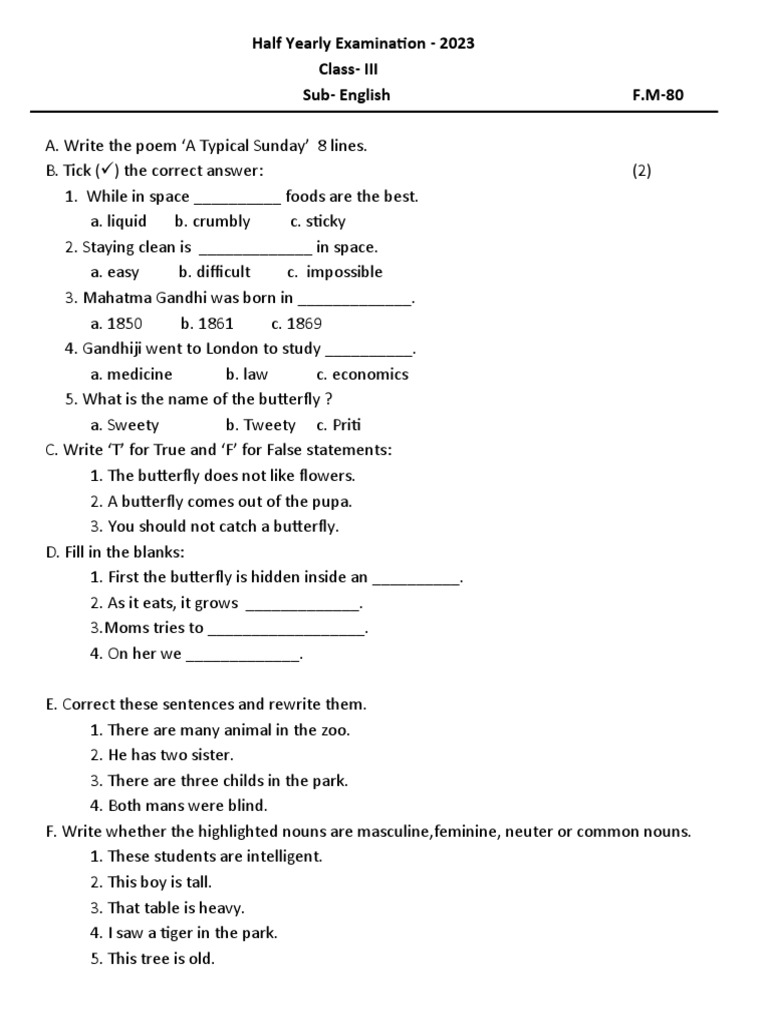 Class 3 English Half Yearly Exam 2023 | PDF | Grammatical Gender ...