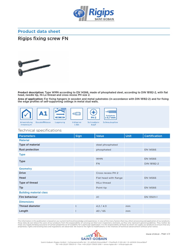 Productdatasheet Rigips Fixing Screw FN | PDF