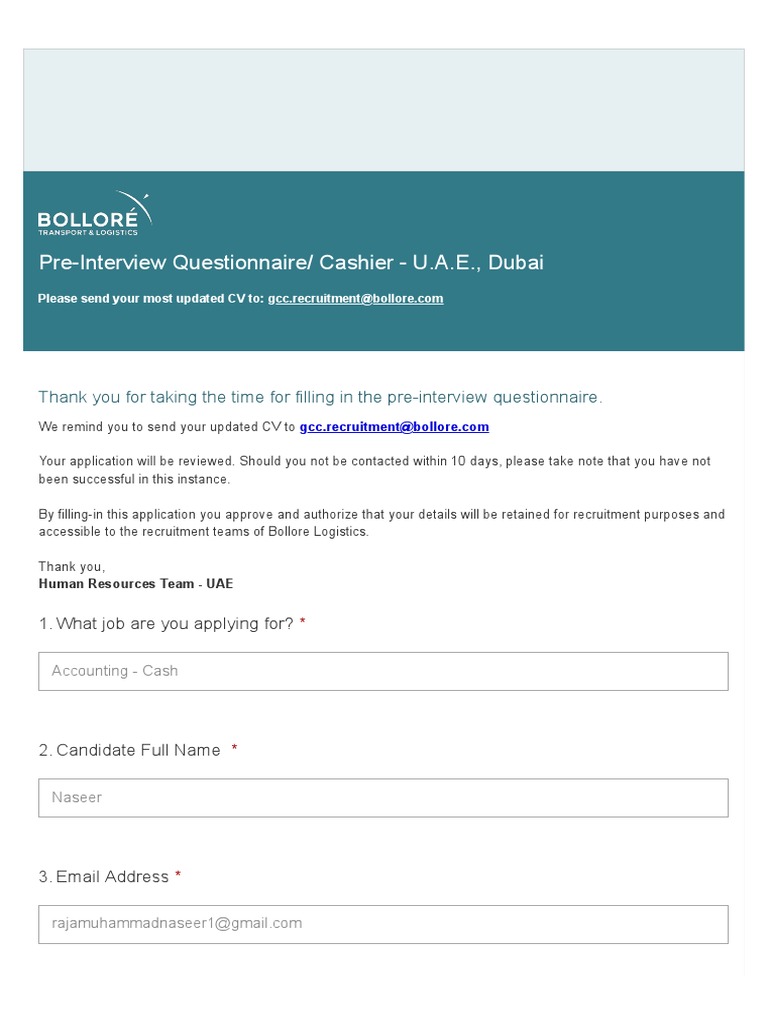 Pre-Interview Questionnaire/ Cashier - U.A.E., Du | PDF | United Arab ...