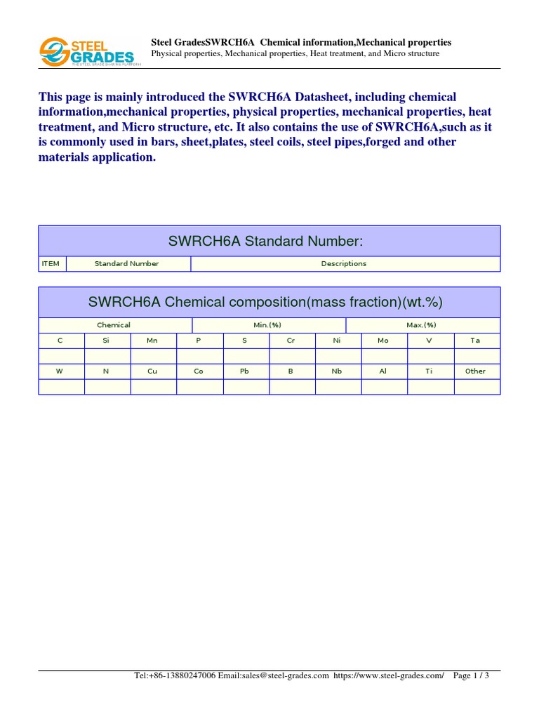 Datasheet For Steel Grades Carbon Steel Swrch6A | PDF | Rolling ...