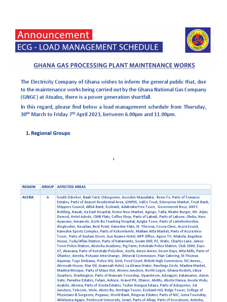 ECG Timetable: Here Are The Areas To Be Affected by 'Dumsor' | PDF