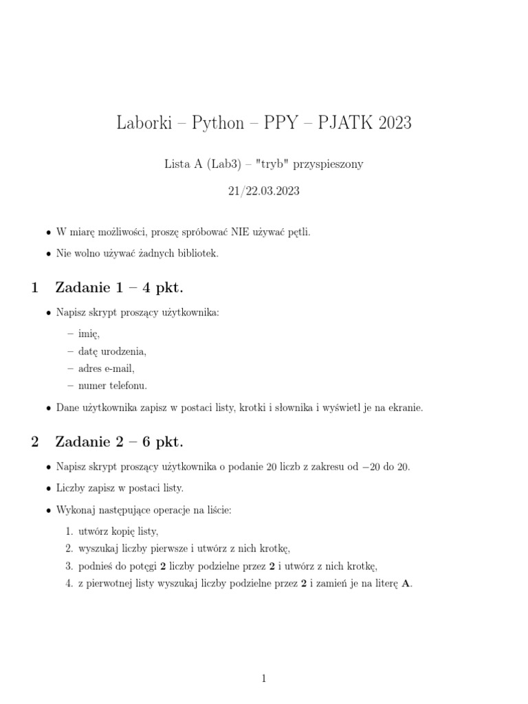 Laborki - Python - PPY - PJATK 2023: 1 Zadanie 1 - 4 PKT | PDF