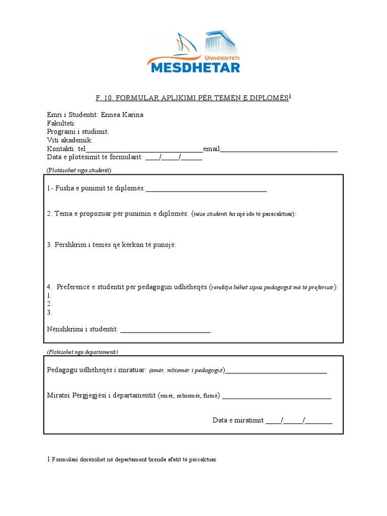 F.10 Formulari I Aplikimit Dhe Miratimit Per Diplome | PDF