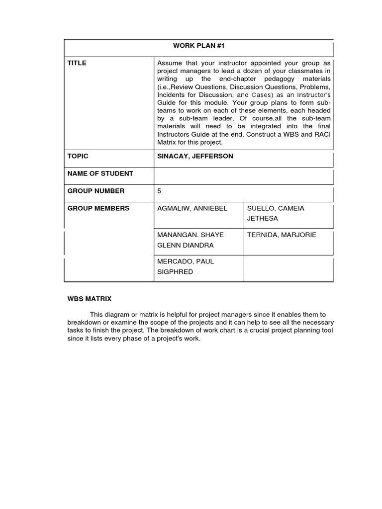 Project management tools WBS and RACI matrix | PDF