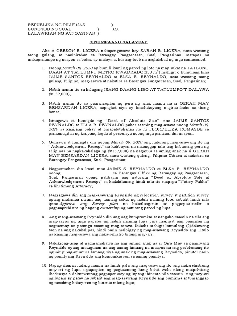 Sinumpaang Salaysay Sual Pangasinan | PDF