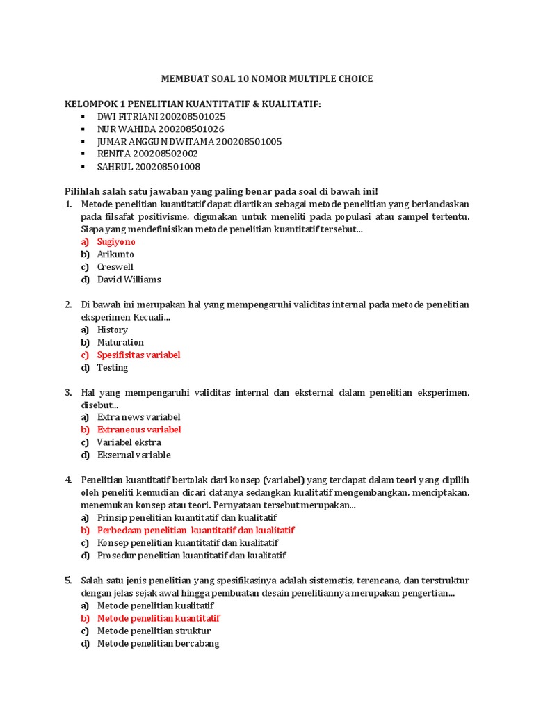 Membuat Soal 10 Nomor Multiple Choice Kelompok 1 Penelitian Kuantitatif & Kualitatif | PDF