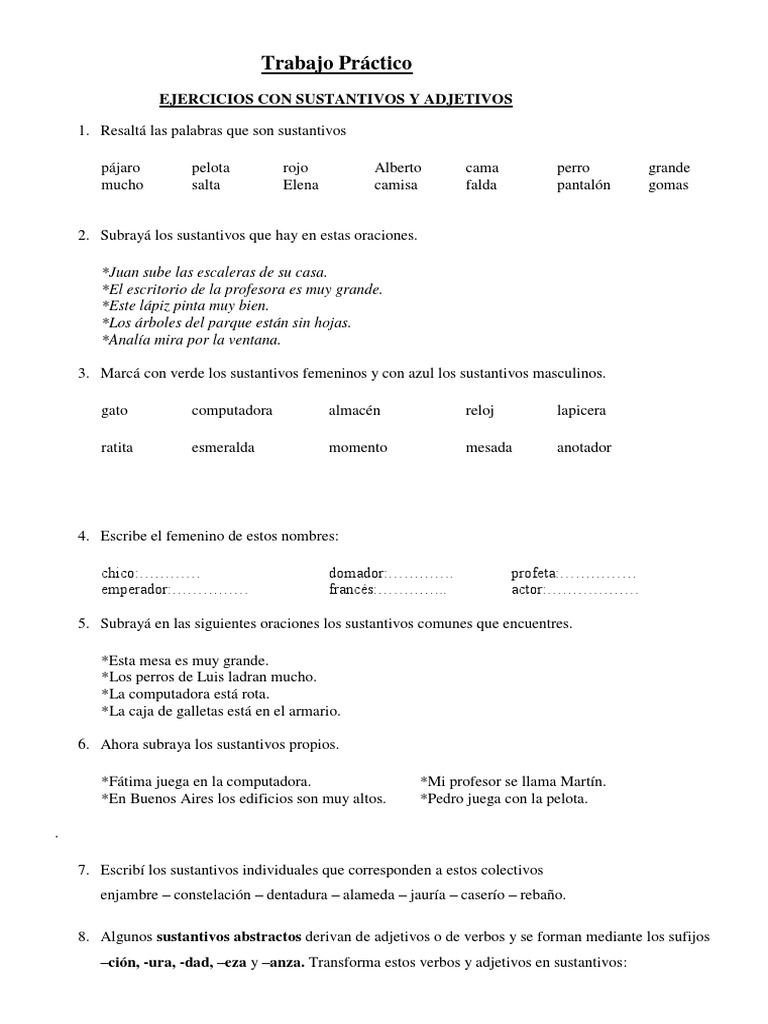 Ejercicios de Sustantivos y Adjetivos | PDF | Sustantivo | Adjetivo