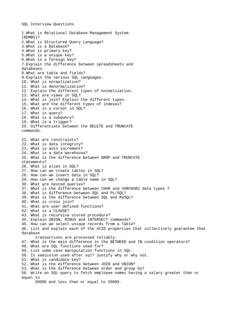 SQL Interview Questions | PDF | Sql | Relational Database SQL Interview Questions | PDF | Sql | Relational Database