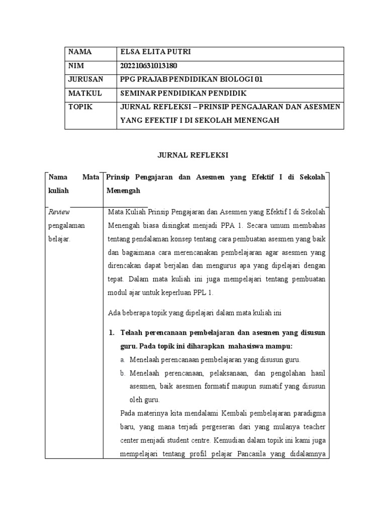 Jurnal Refleksi - Asesmen - Elsa Elita Putri | PDF | Pengembangan Diri | Sains & Matematika