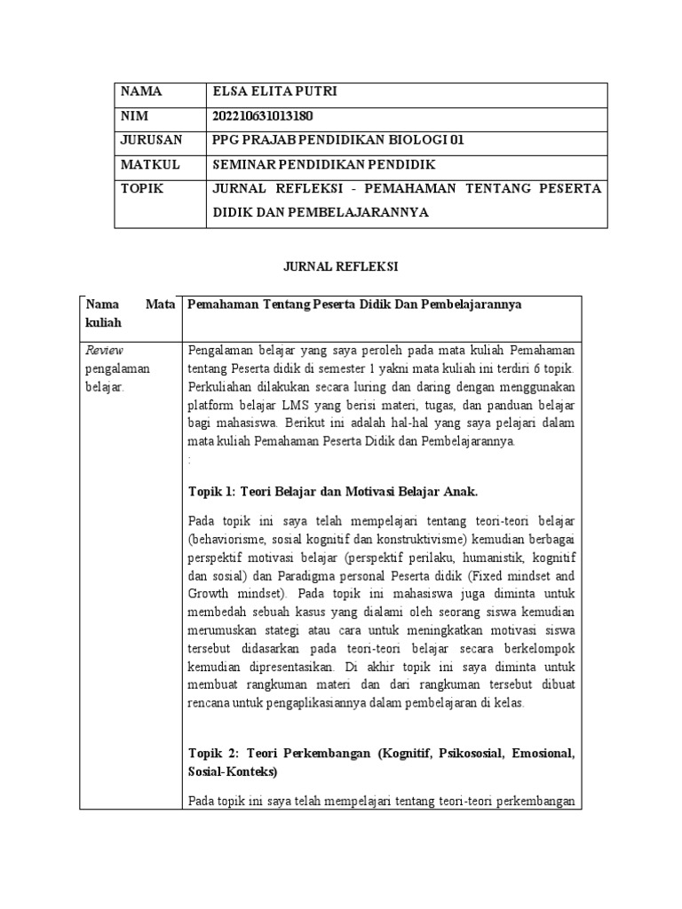 Jurnal Refleksi - PPDP - Elsa Elita Putri | PDF