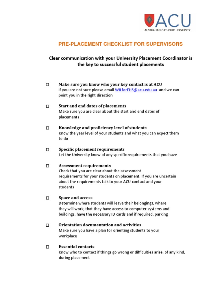 ACU Supervisor Pre-Placement Checklist | PDF