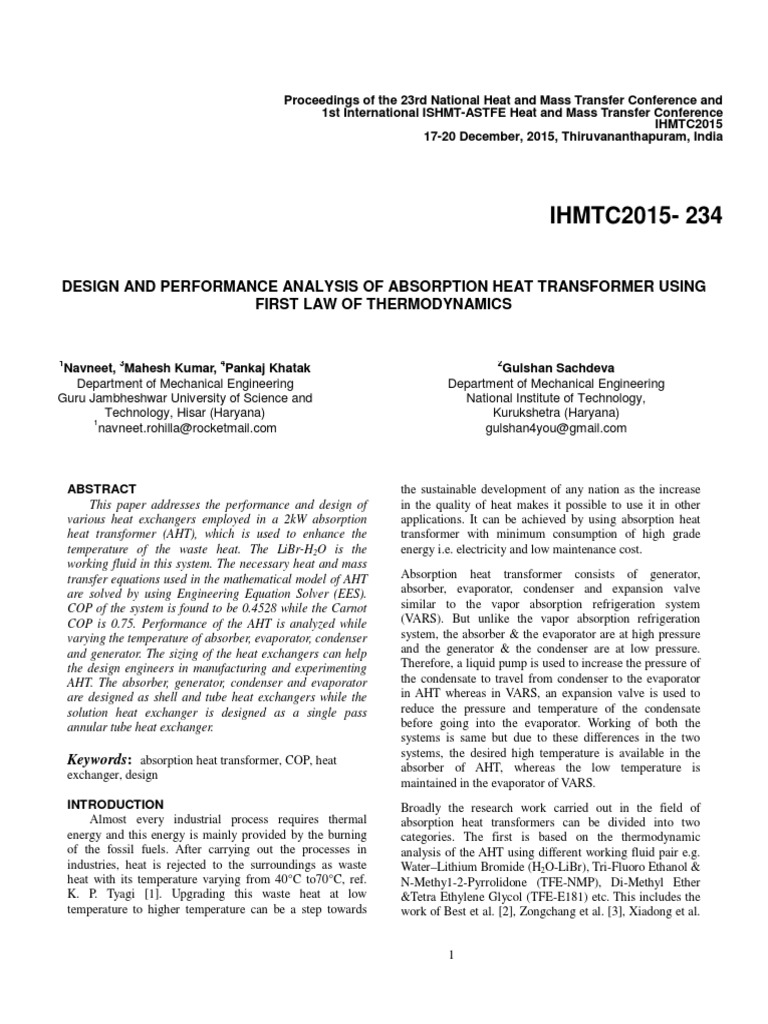 Design and Performance Analysis of Absorption Heat Transformer Using ...