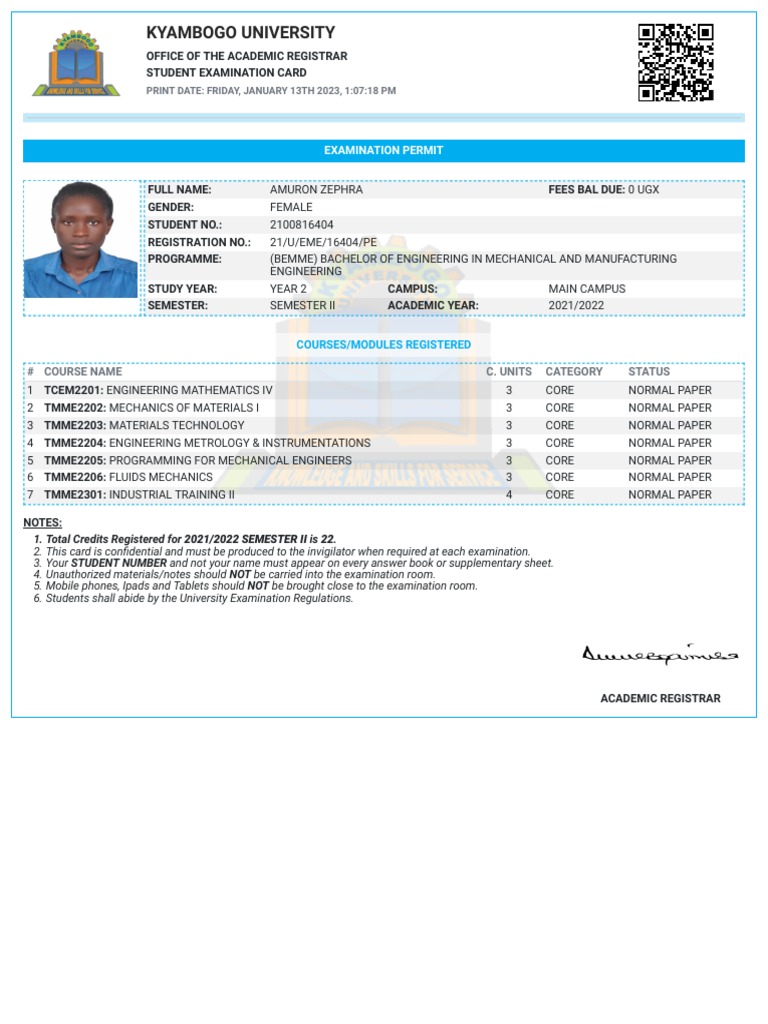 Kyambogo University: Examination Permit | PDF