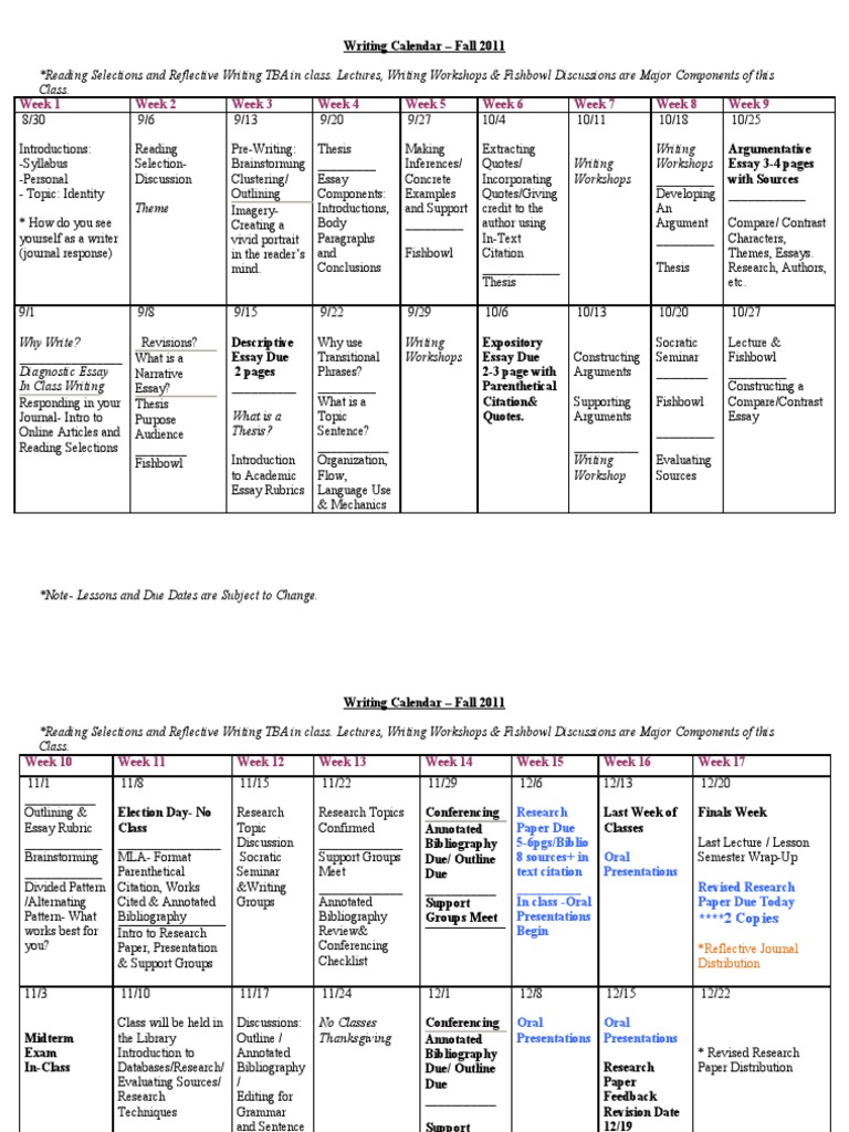 Brady WRiting Calendar Fall 2011 | PDF | Essays | Citation