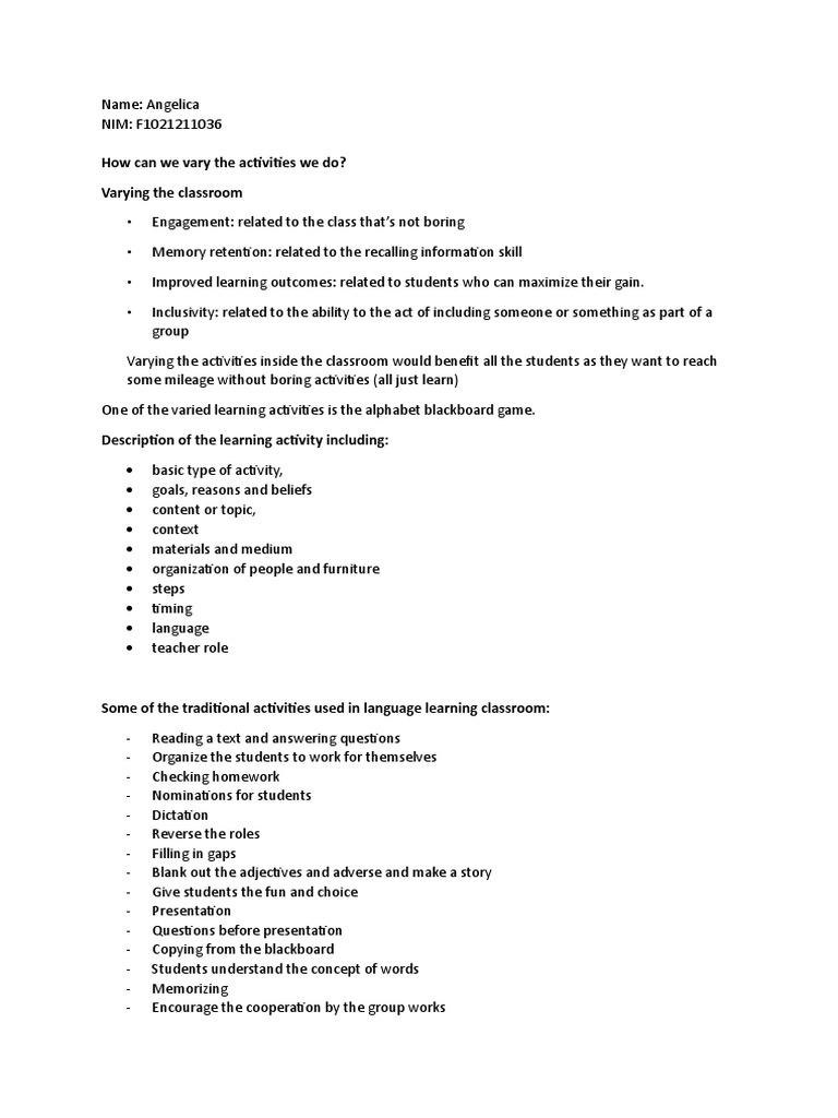 How Can We Vary The Activities We Do? Varying The Classroom | PDF