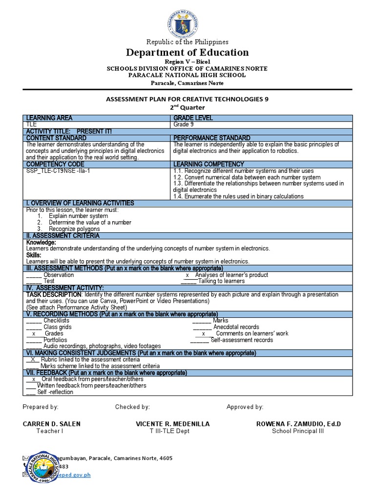 Department of Education: Assessment Plan For Creative Technologies 9 2 ...