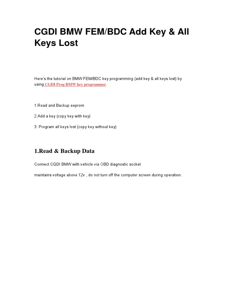 Cgdi BMW Fem BDC Add Key All Keys Lost Guide | PDF