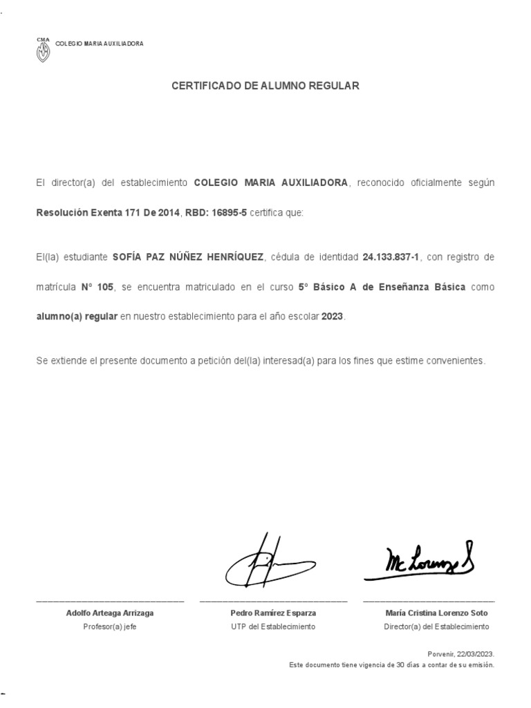 Certificado de Alumno Regular: Resolución Exenta 171 de 2014, RBD ...
