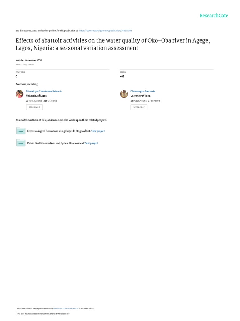 Effects of Abattoir Activities On The Water Quality of Oko-Oba River in ...