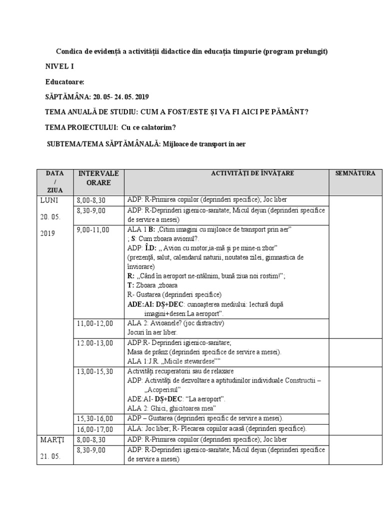 Condica de Evidență A Activității Didactice Din Educația Timpurie ...