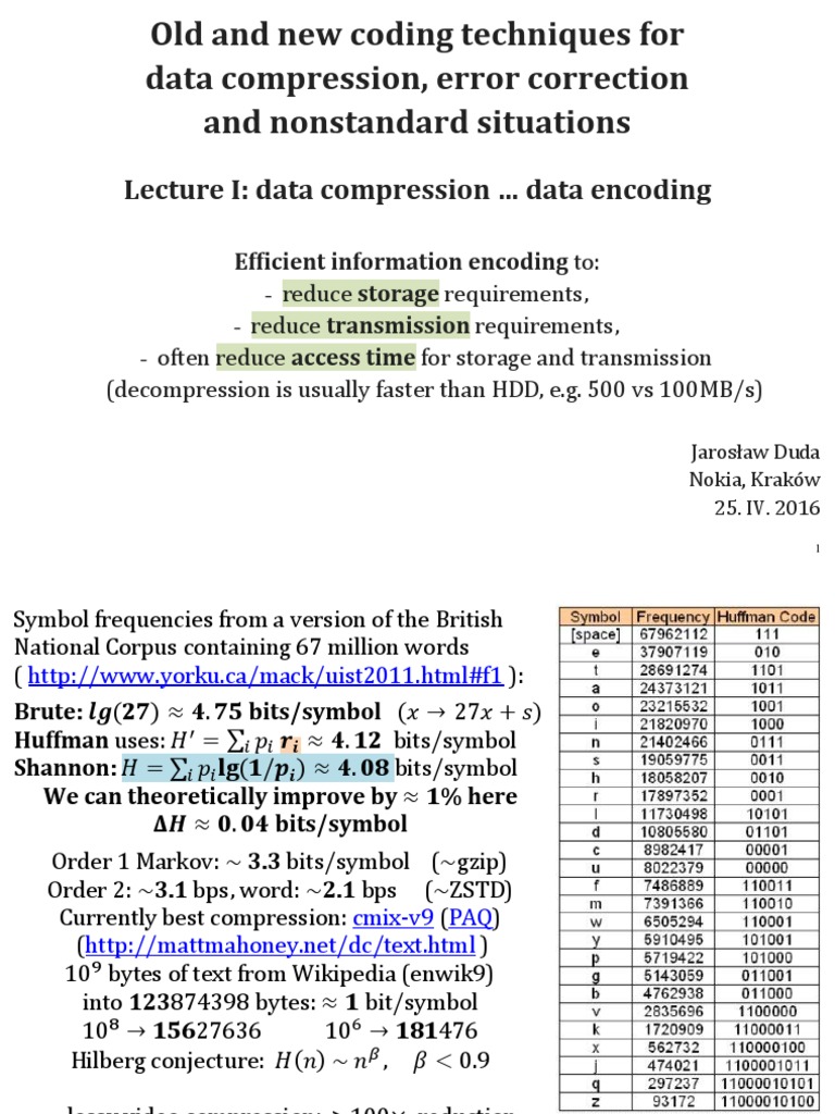 Lecture I Data Compression Data Encoding Efficient Information Encoding To Pdf Data