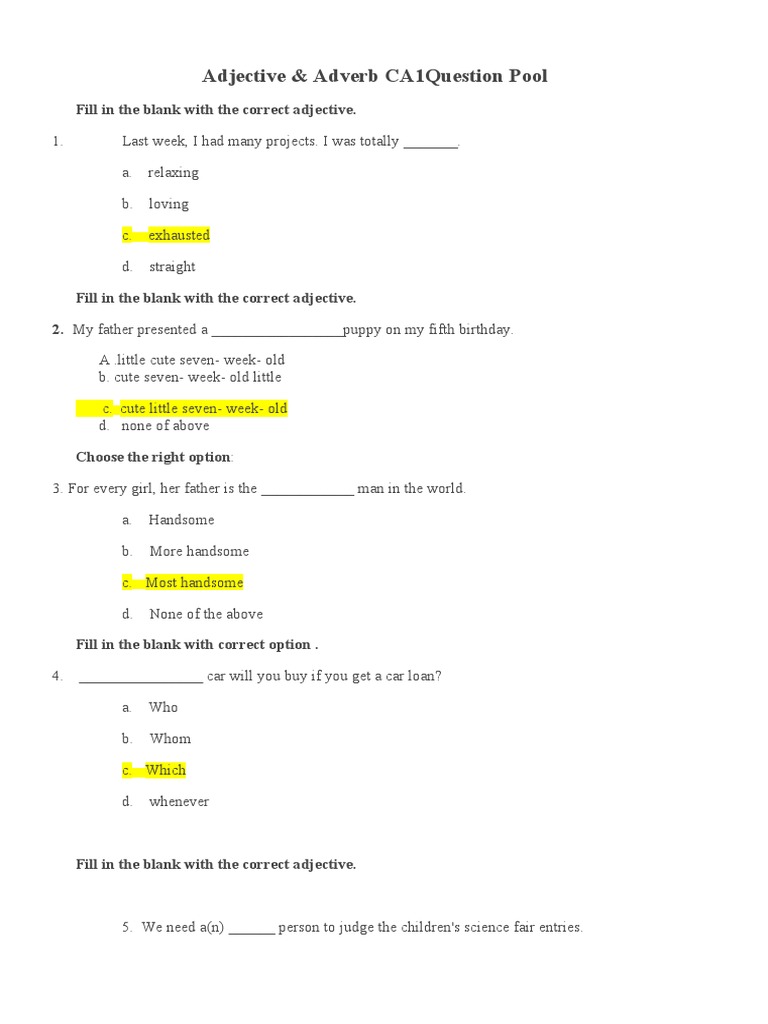 Adjective & Adverb CA1Question Pool: Fill in The Blank With The Correct ...