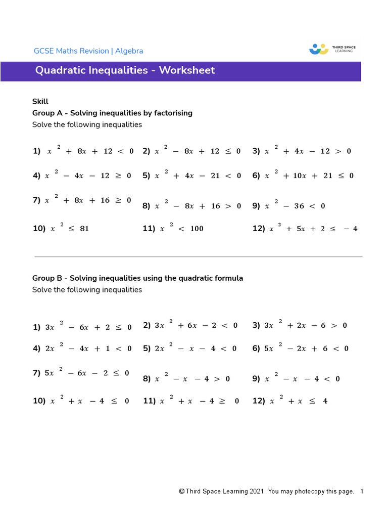 Quadratic Inequalities - Worksheet: Skill Group A - Solving ...