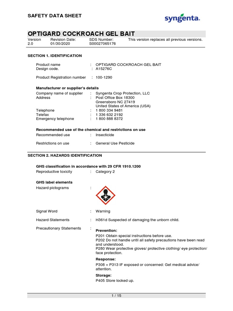 Optigard Roach Gel Sds 2022 Pdf Dangerous Goods Toxicity