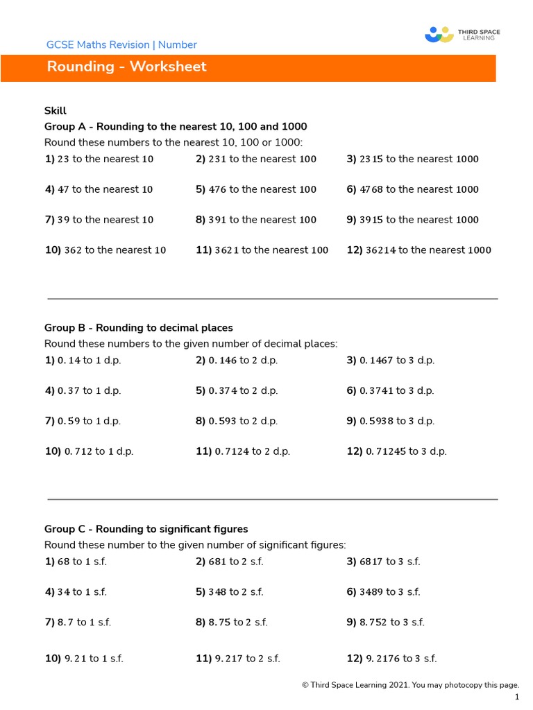 Rounding - Worksheet: Skill Group A - Rounding To The Nearest 10, 100 ...