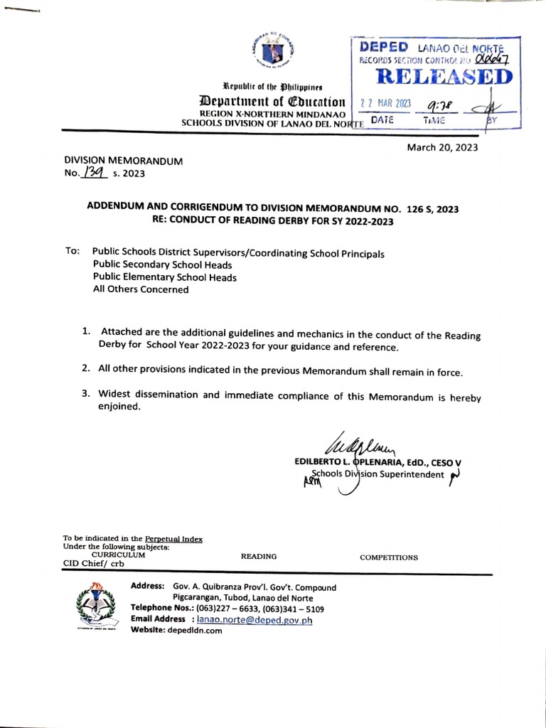 Addendum and Corrigendum To DM No 126 S 2023 Re Conduct of Reading ...