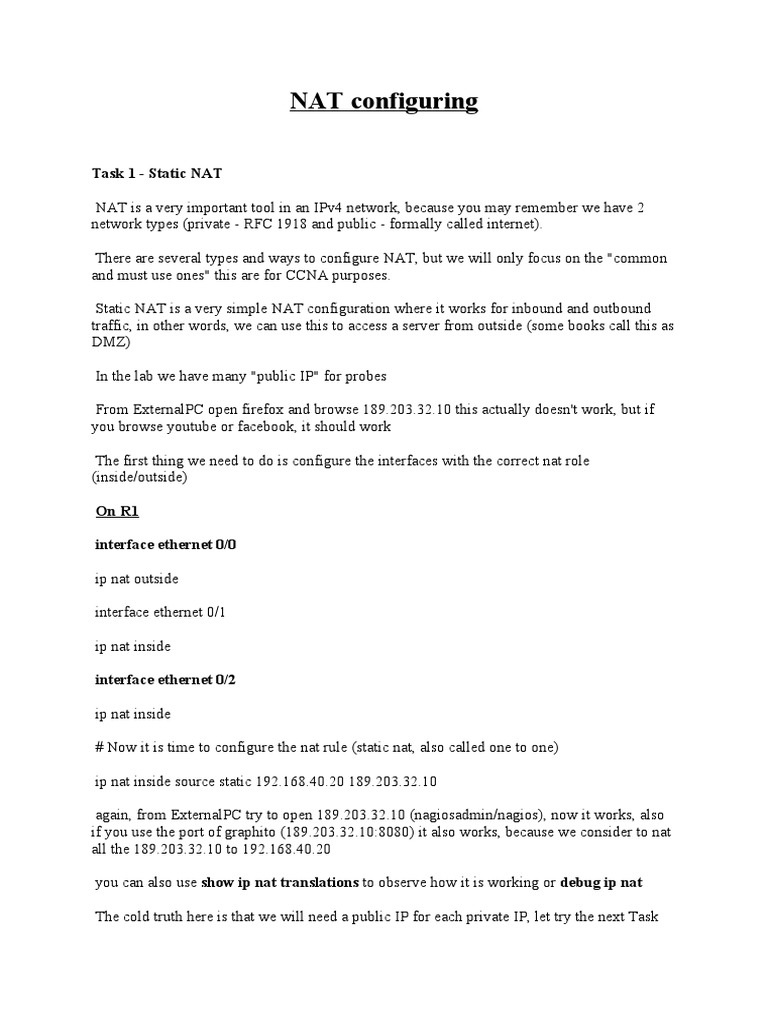 NAT Configuration | PDF | Ip Address | Internet Protocols