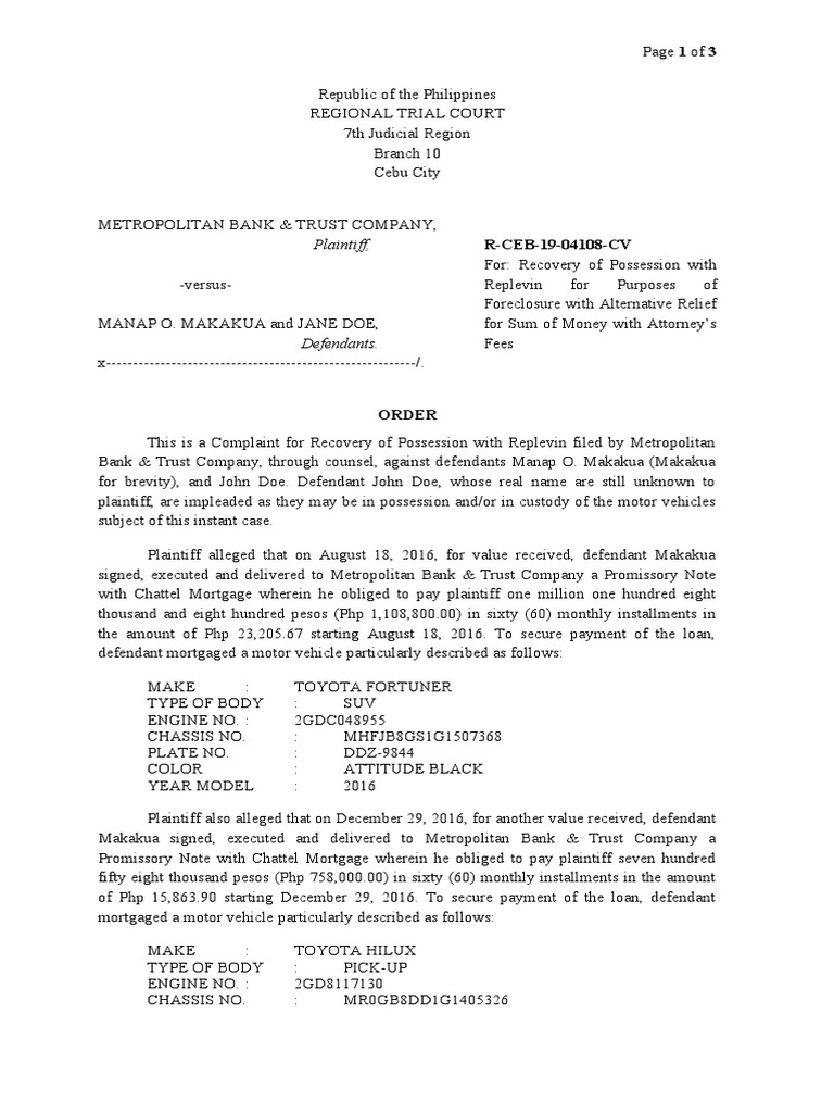 (Replevin) Makakua R-CEB-19-04108-CV | PDF | Mortgage Loan | Foreclosure