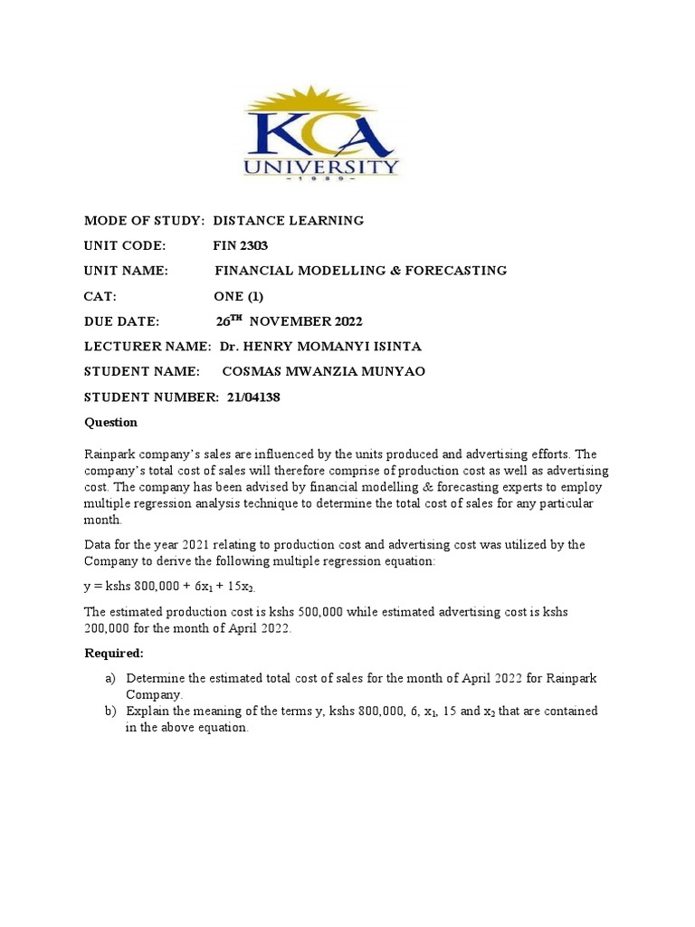 Cat 1 - Fin 2303 Financial Modelling - Forecasting | PDF