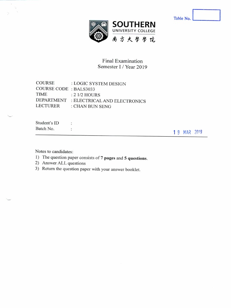 Southern Final Examination Semester I Year 2019 Pdf Logic Gate Computer Engineering