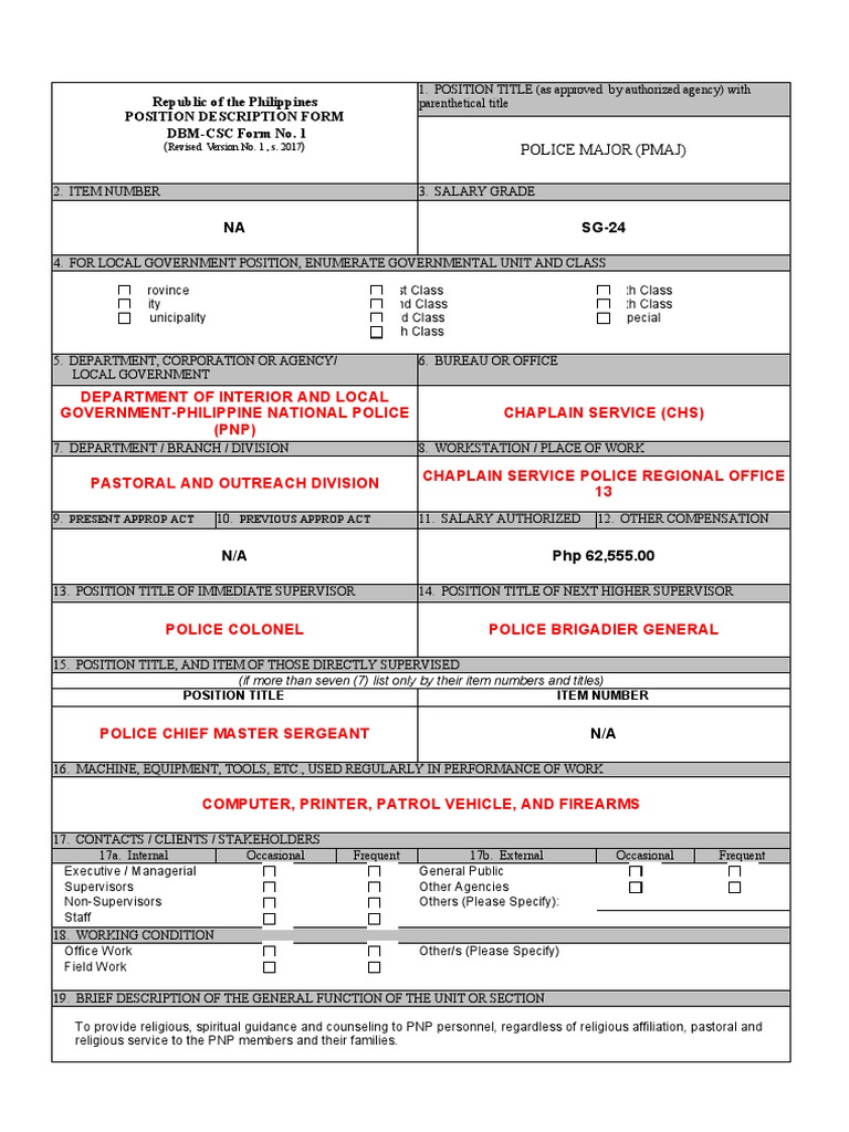 NA SG-24: Republic of The Philippines Position Description Form DBM-CSC Form No. 1 | PDF | Non ...