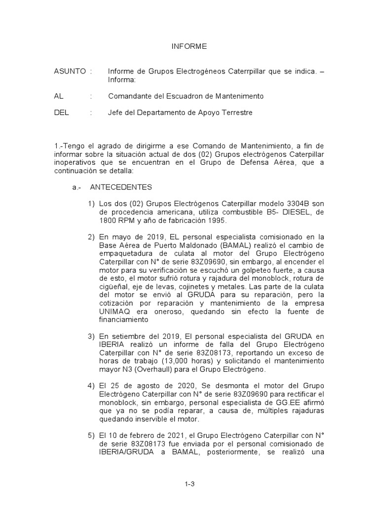 Informe Tecnico de Los GGEE Caterpillar | PDF | Tecnología de vehículos | Bienes manufacturados