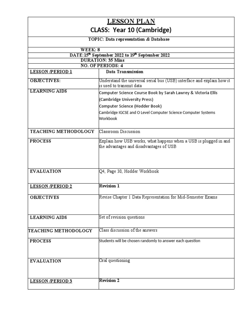 Year 10 Cambridge Lesson Plan Week 11 | PDF | Computers
