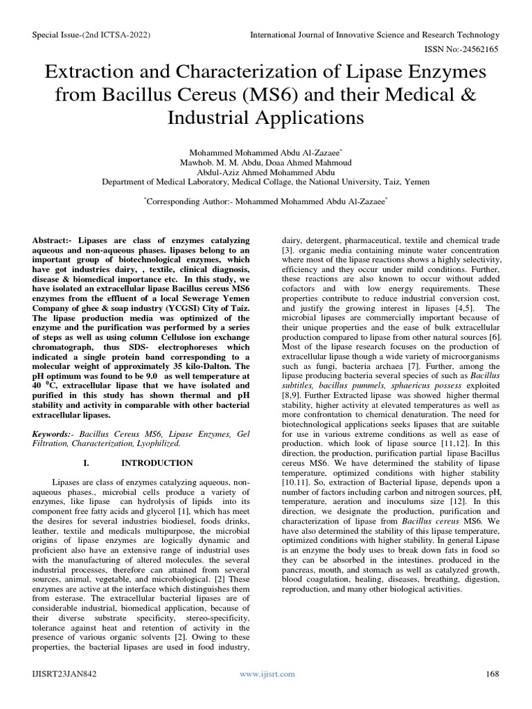 Extraction and Characterization of Lipase Enzymes From Bacillus Cereus (MS6) and Their Medical ...