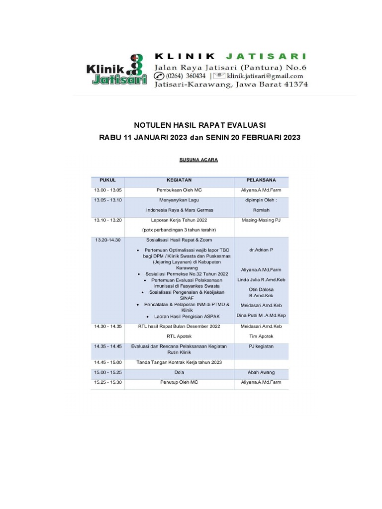 NOTULEN HASIL RAPAT EVALUASI DESEMBER 2022 DAN JANUARI 2023 | PDF
