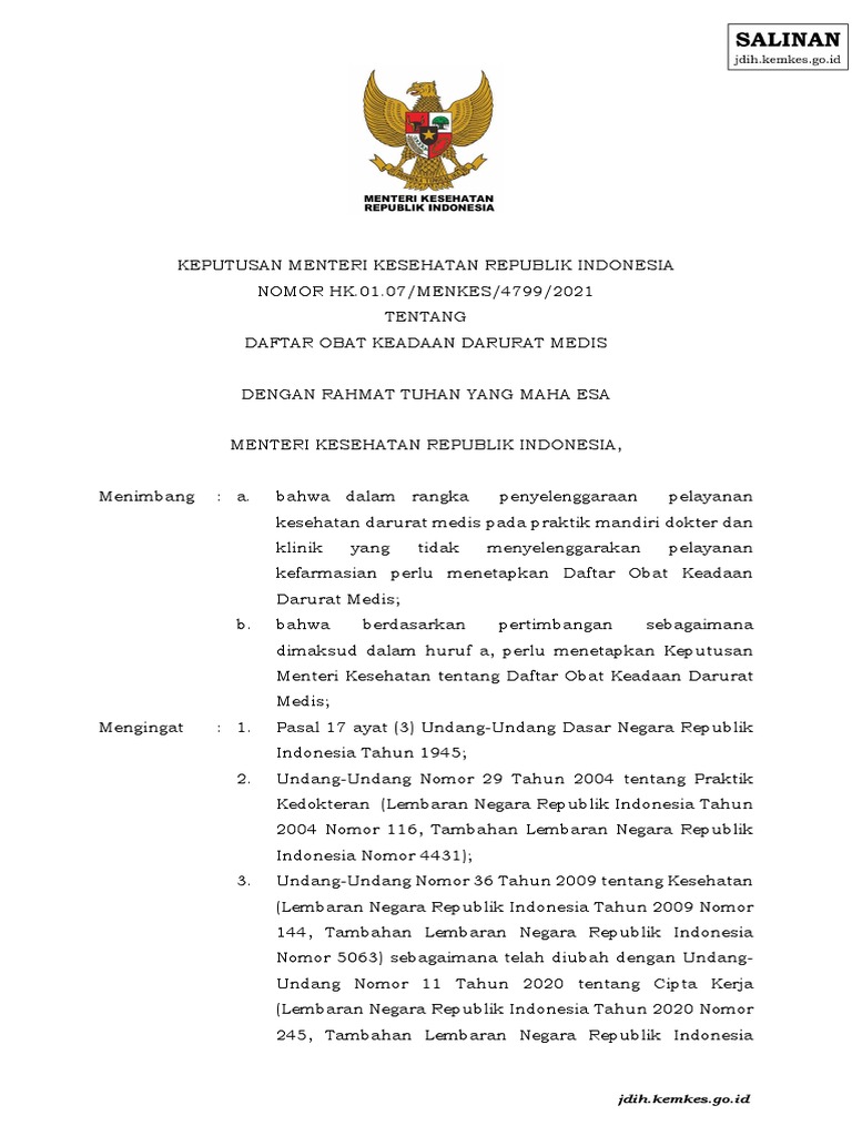 KEPMENKES 4799 2021 TTG Daftar Obat Keadaan Darurat Medis Sign | PDF