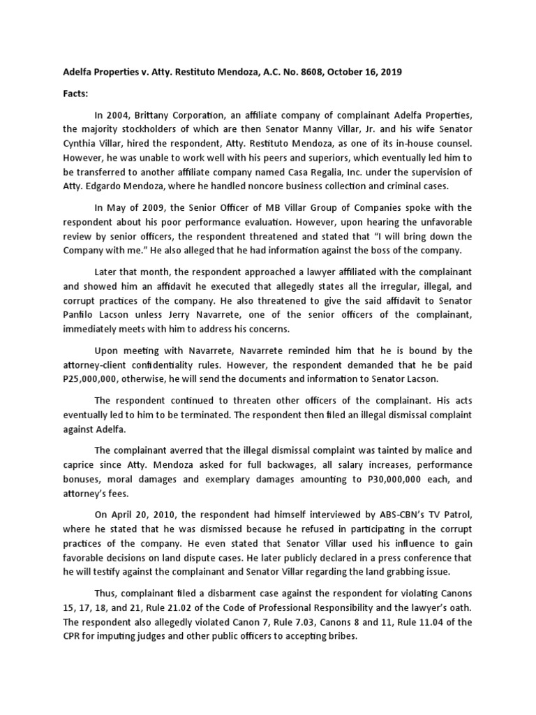 Adelfa Properties vs. Mendoza | PDF | Attorney–Client Privilege | Lawyer