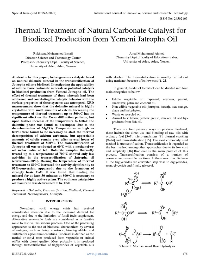 Thermal Treatment of Natural Carbonate Catalyst For Biodiesel Production From Yemeni Jatropha ...