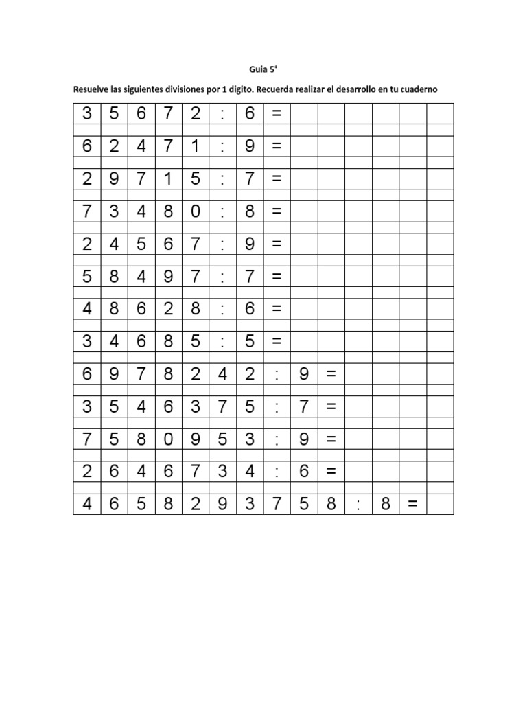 Guia 5° Resuelve Las Siguientes Divisiones Por 1 Digito. Recuerda ...